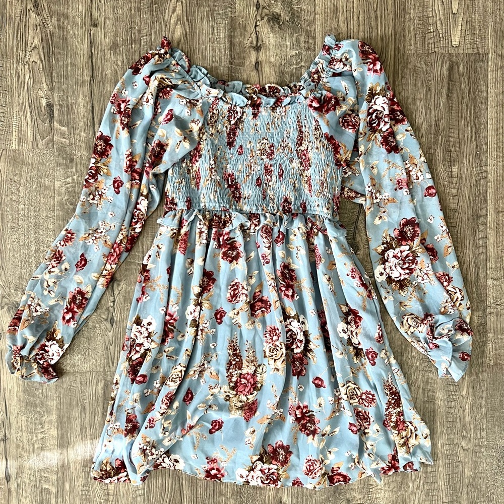 Smoked Blue Floral Dress With Sheer Sleeves - Gem